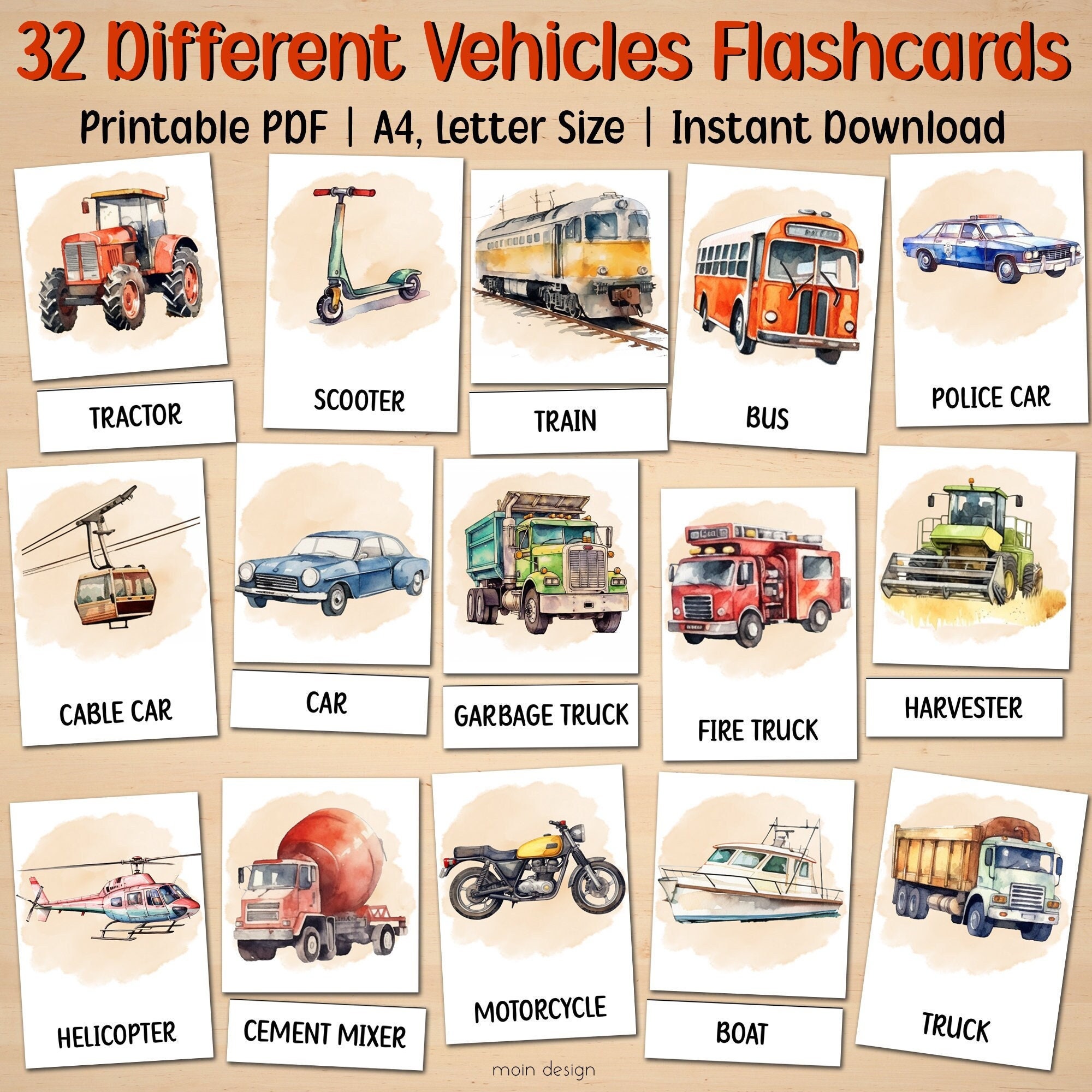 Vehicle Flash Cards, Preschool Activity, Printable Montessori Cards ...