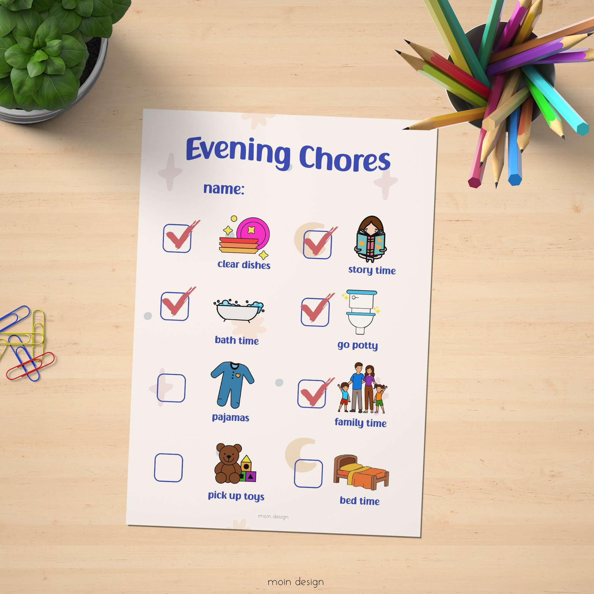 Printable Kids Chore Chart, Toddler Daily Routine, Morning Evening ...