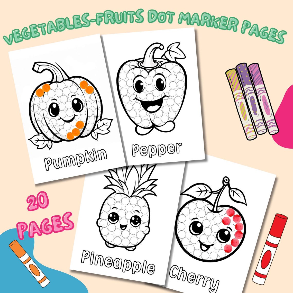 Vegetables and Fruits Dot Marker Pages, Printable Do a Dot Activity ...