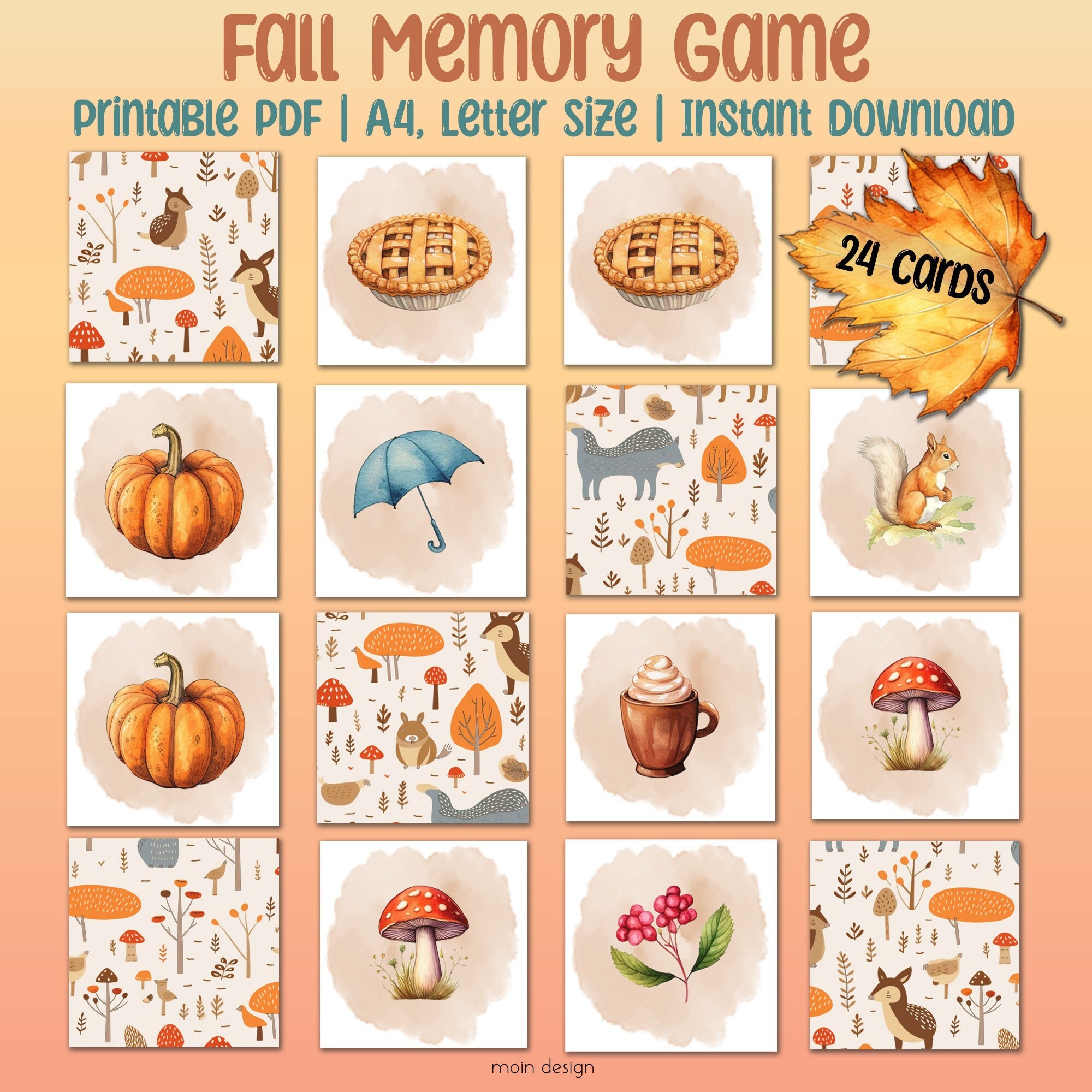 Printable Fall Memory Game, Kids Activity, Matching Games for Toddlers ...