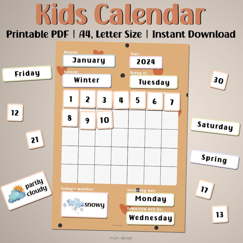 Printable Daily Kids Vertical Calendar, Montessori Materials, Kids Wall ...