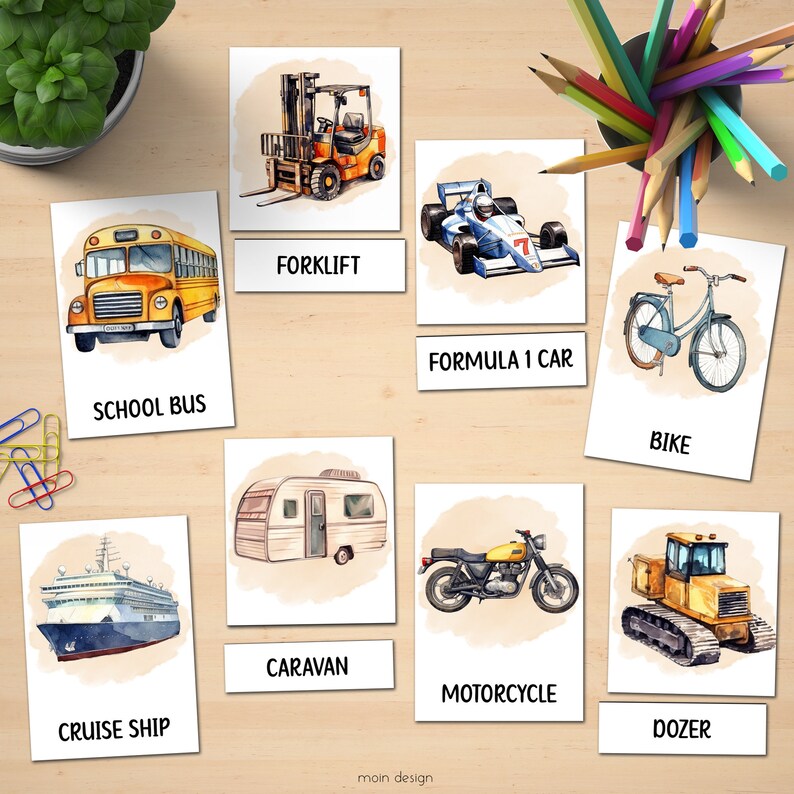 Vehicle Flash Cards, Preschool Activity, Printable Montessori Cards ...