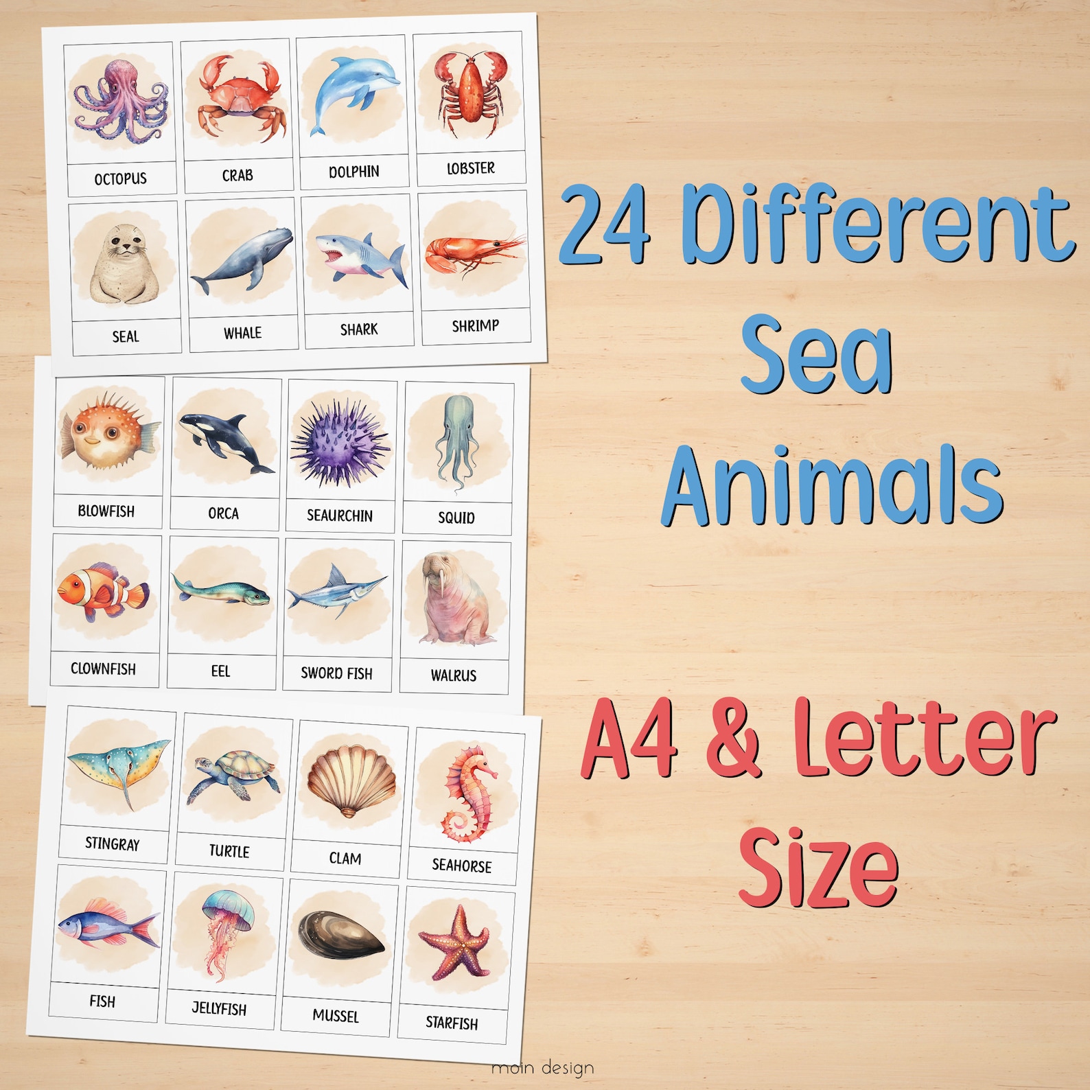 Sea Animals Flash Cards, Preschool Activity, Printable Montessori Cards ...