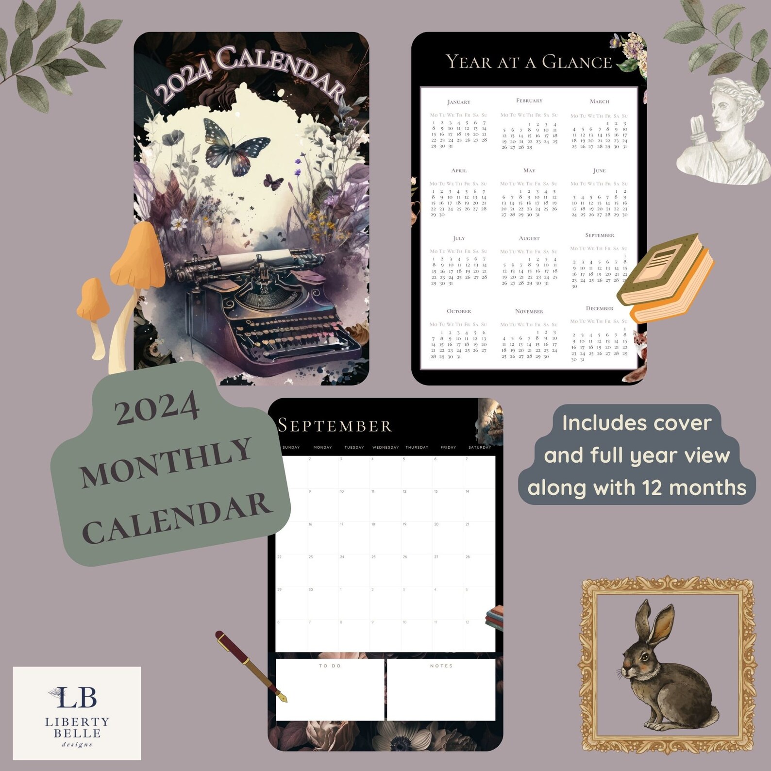 Printable 2024 Monthly Calendar Dark Academia Cottagecore Style Year ...