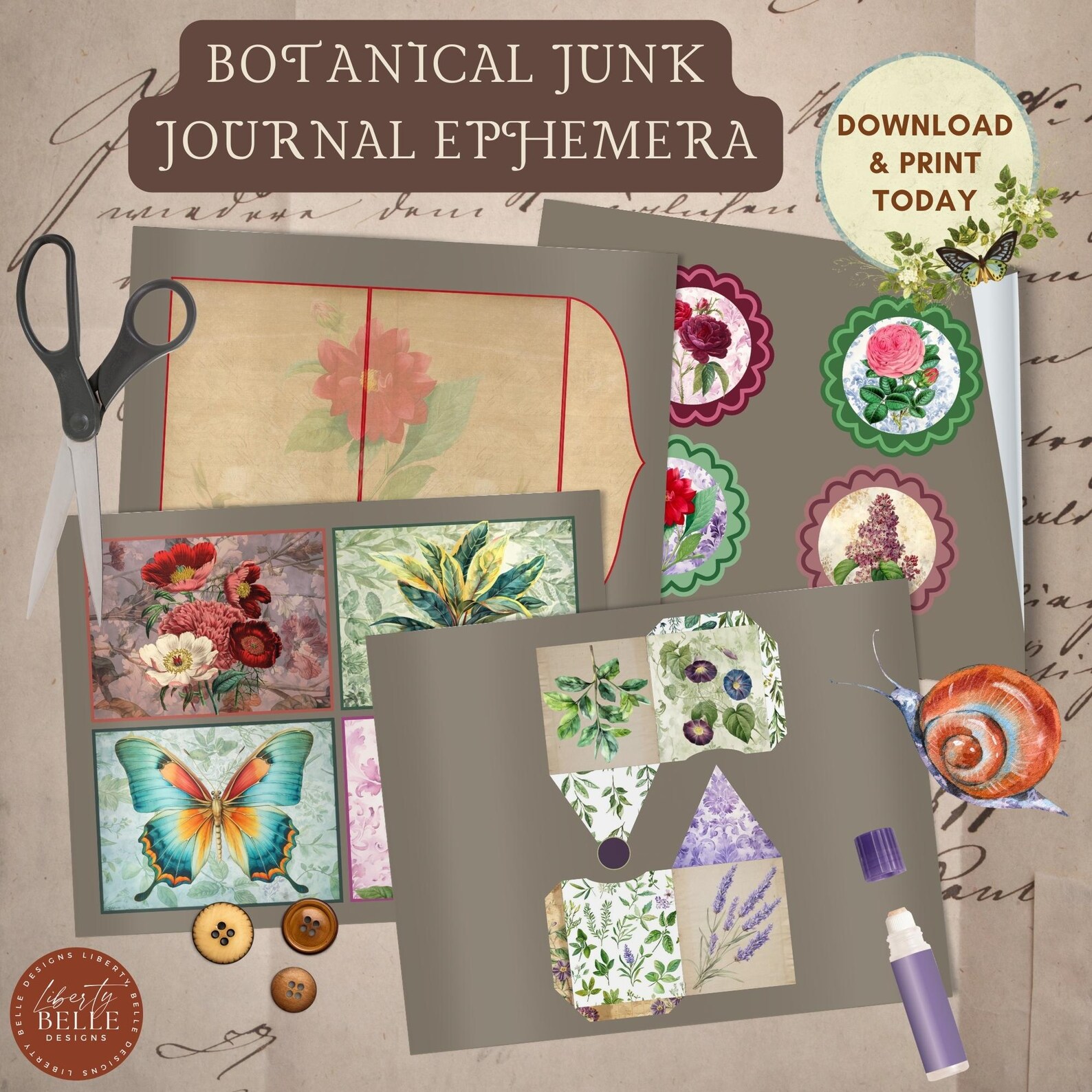 Printable Botanical Junk Journal Ephemera | Floral Fussy-cuts | Nature ...