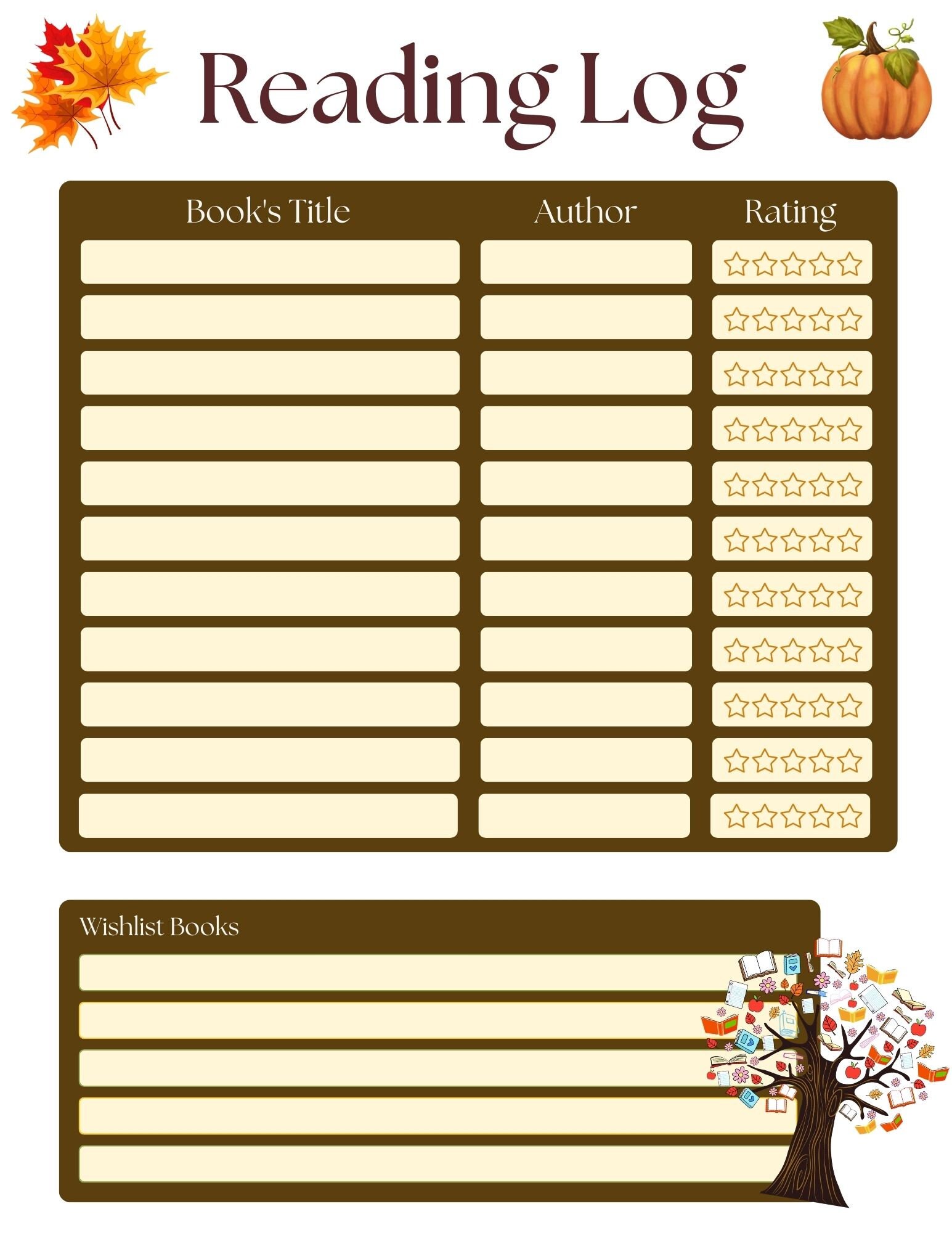 Printable Reading Log for Adults Autumn Themed Log Children's Reading ...