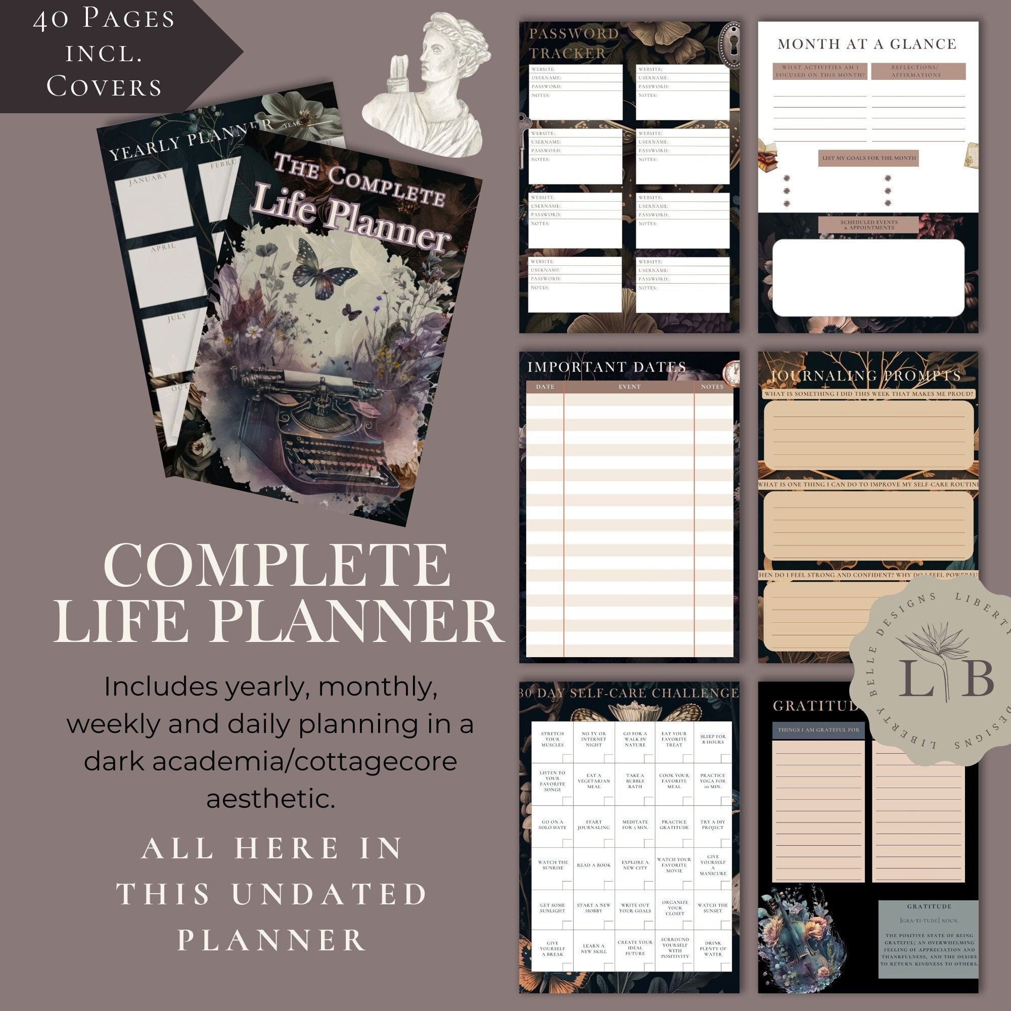 Printable Life Planner Dark Cottagecore Design Affirmations Gratitude ...