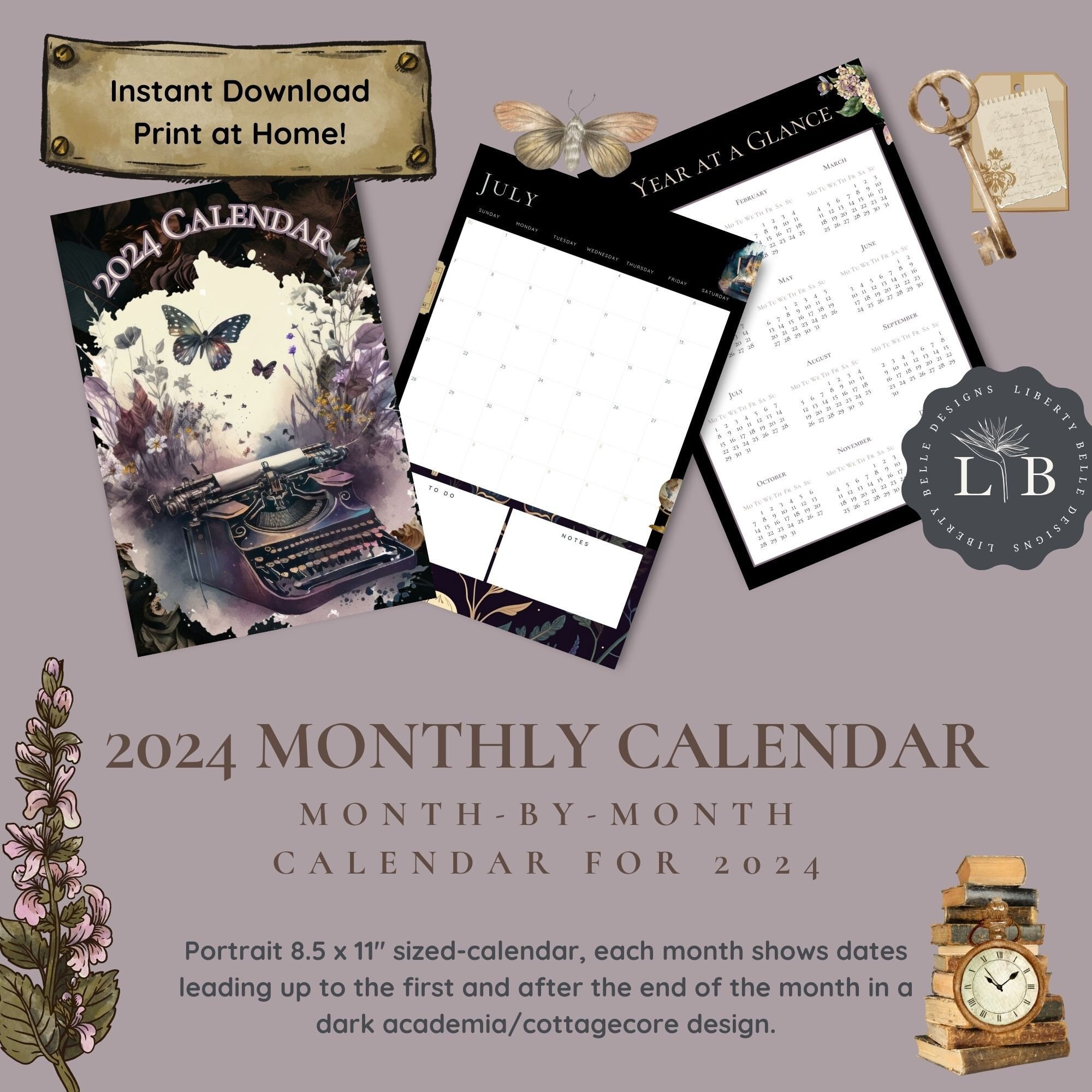 Printable 2024 Monthly Calendar Dark Academia Cottagecore Style Year ...