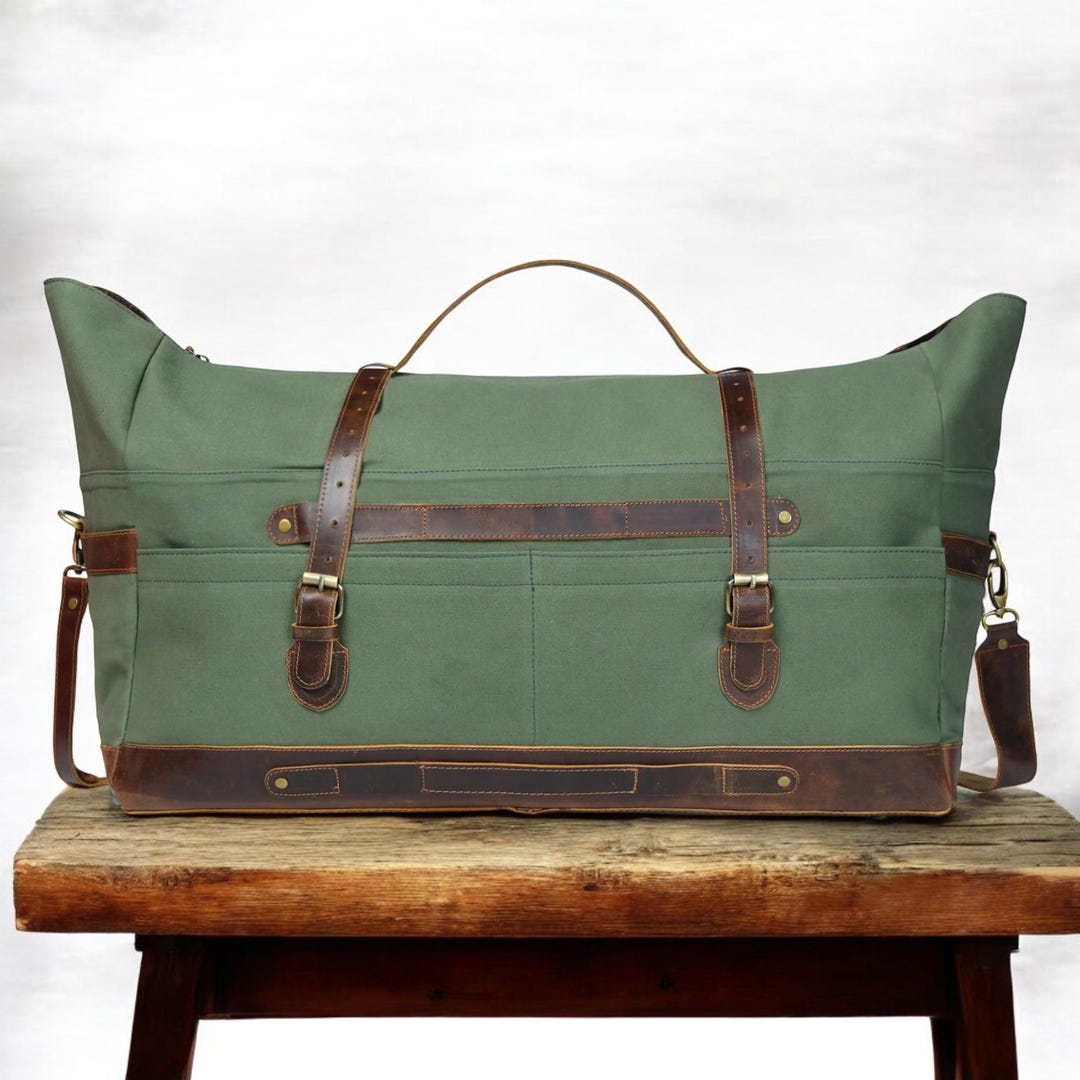 Canvas Leather Travel Duffel: Olive Green Weekender Bag - Etsy