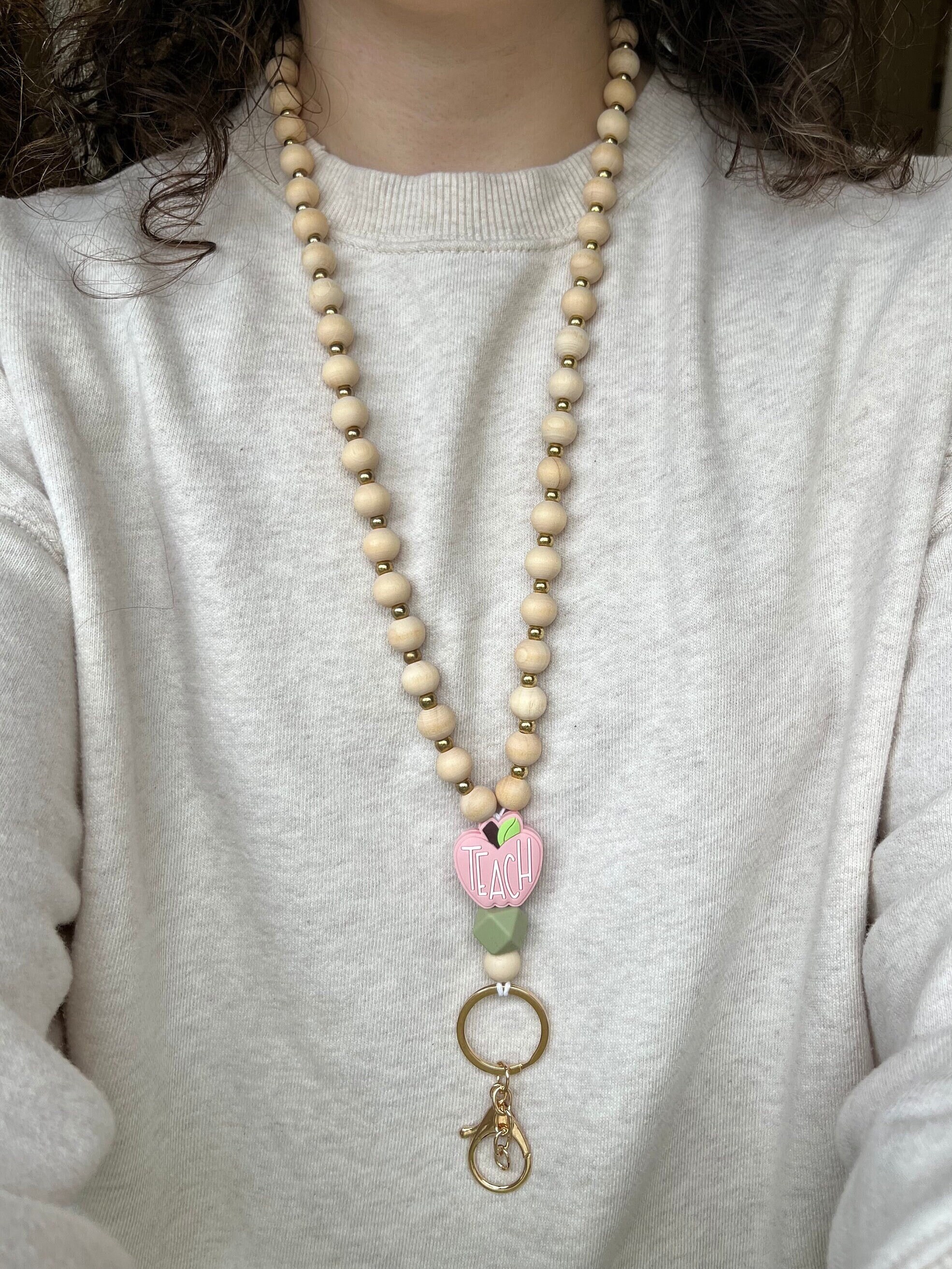 Teacher Lanyard, Wooden Bead Lanyard, Teacher Aesthetic, Lanyard, Apple Lanyard, Breakaway Clasp ...