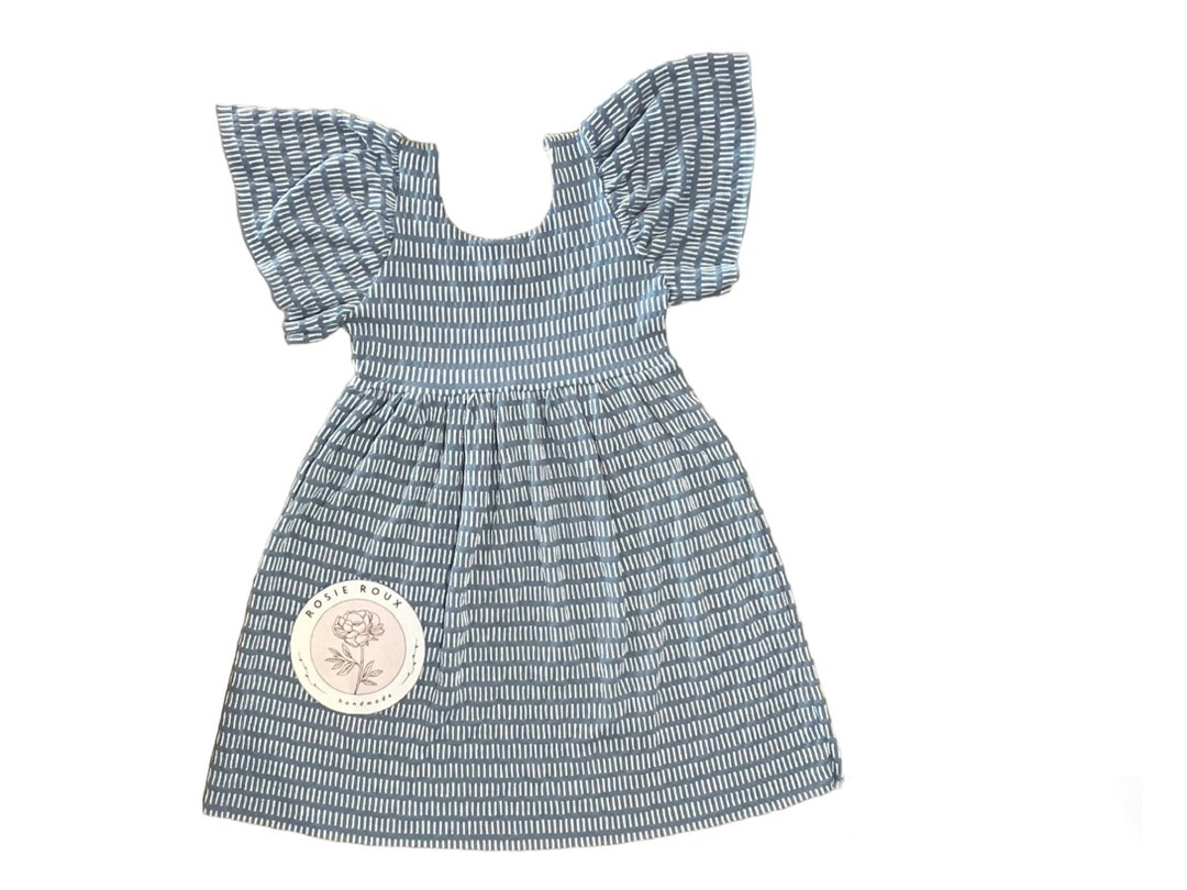 Girl's Blue Flutter Sleeve Dress With Bow, Toddler and Child Sizes 2-6 ...