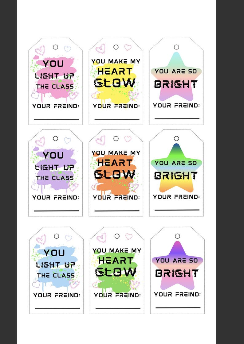 Printable Glow Valentine's Day Tags. Kids School Printable Valentine's ...