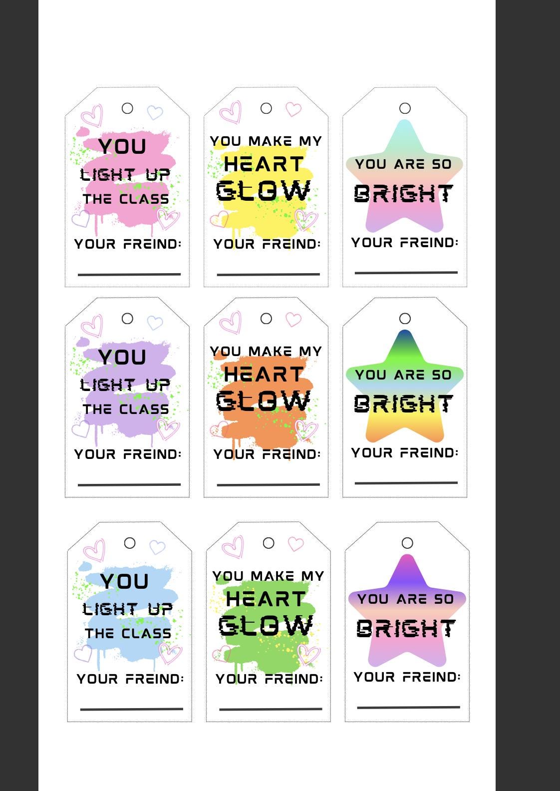 Printable Glow Valentine's Day Tags. Kids School Printable Valentine's ...