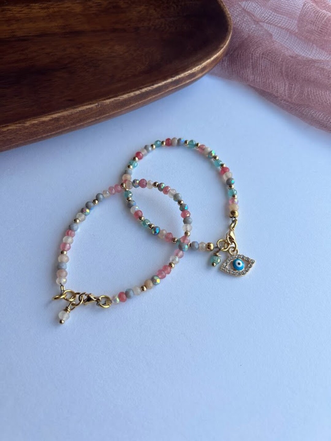 Cotton Candy | Two Beaded Bracelet Set | Feminine Jewelry | Evil Eye ...
