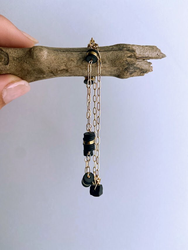 Layered Gold Bracelet Obsidian and Paperclip Chains - Etsy