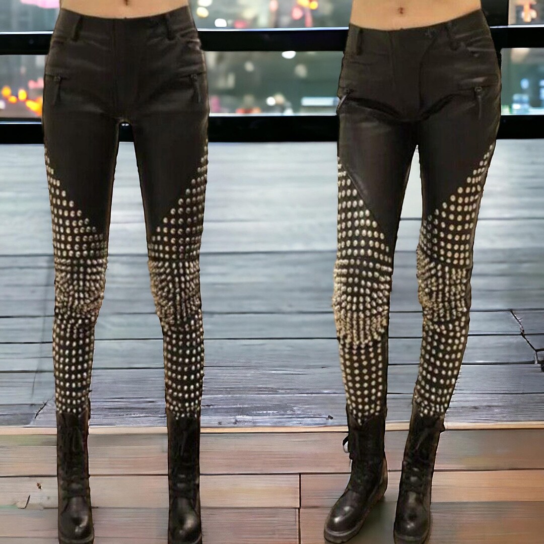 Studded Genuine Leather Pants: Women's Gothic Punk Moto Leggings - Etsy