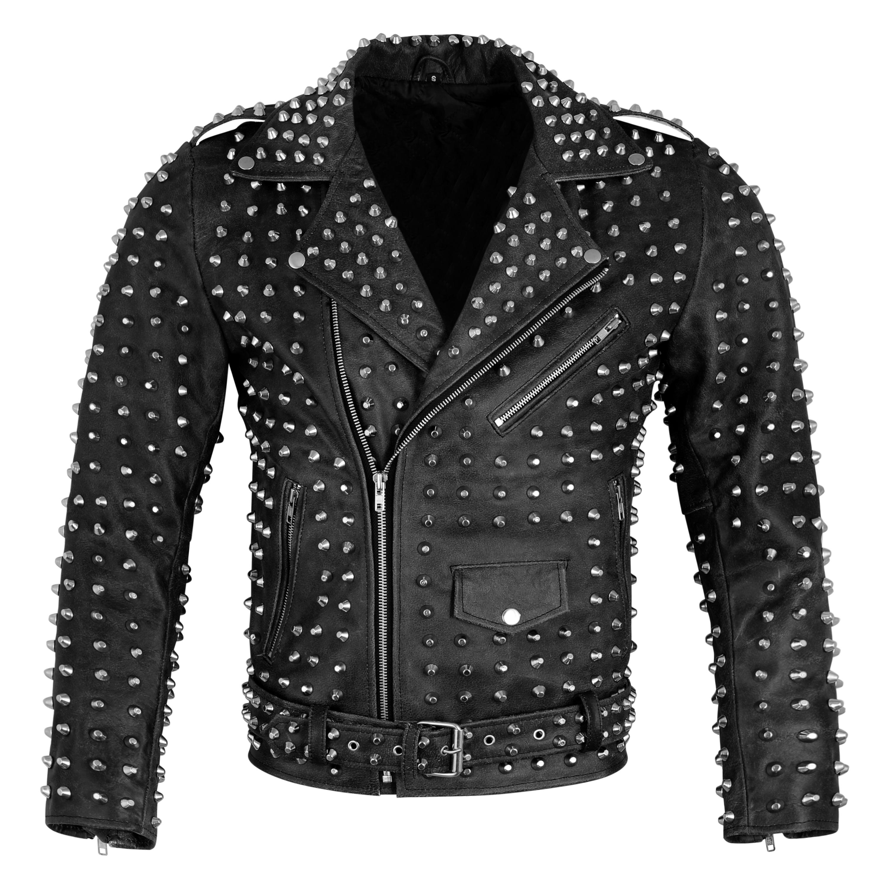 Biker Studded Jacket-men Leather Jacket Punk Spiked Studded Genuine ...