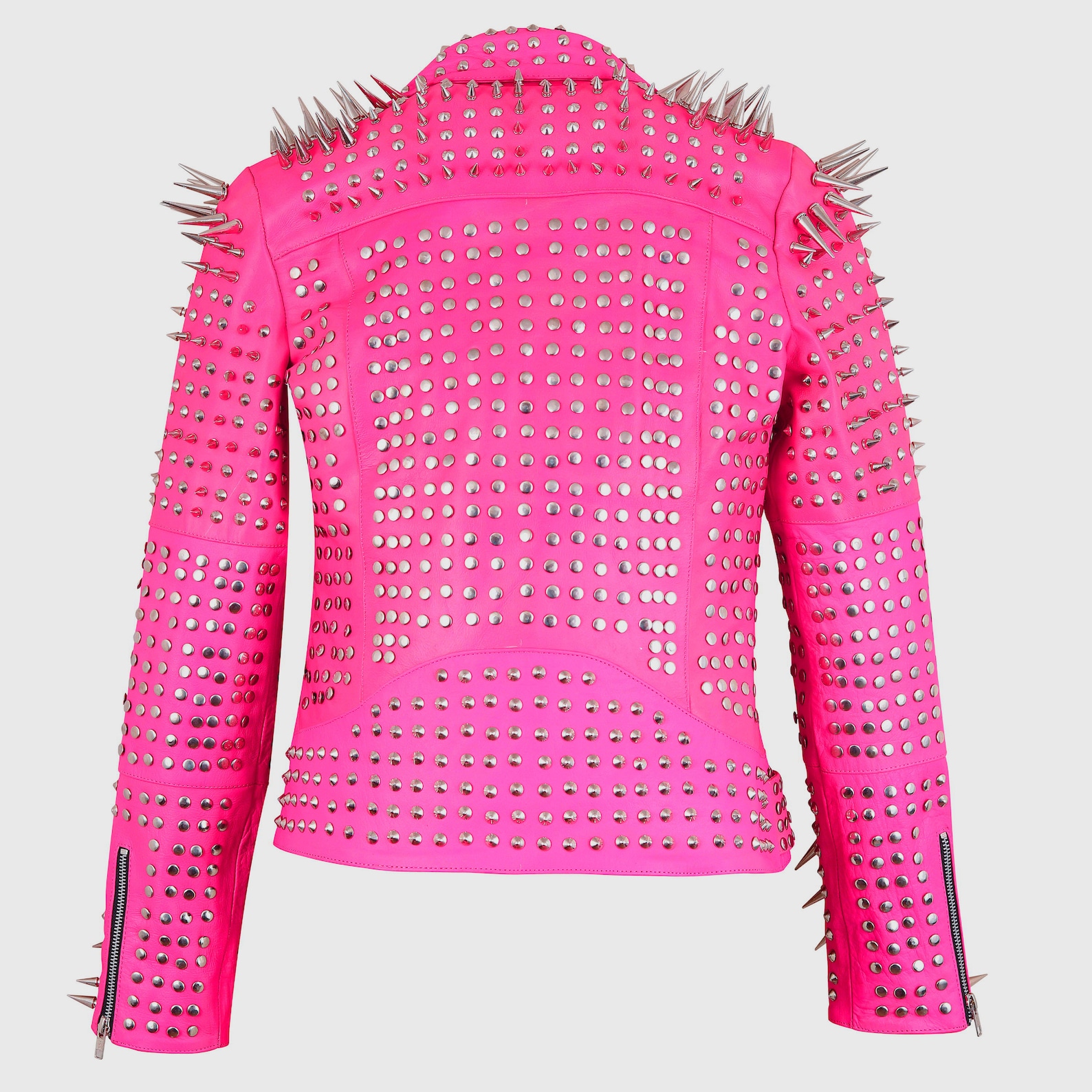 Women's Handmade Long Spiked Leather Jacket Brando Punk Silver Fully ...