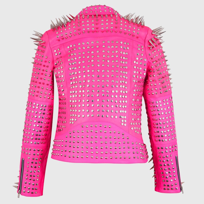 Women's Handmade Long Spiked Leather Jacket Brando Punk Silver Fully ...
