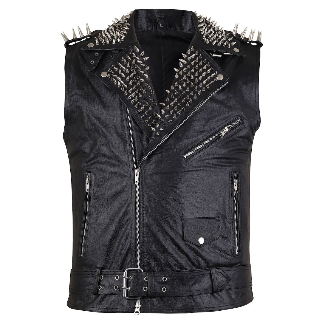 Handmade Men's Studded Leather Vest Black Punk Silver Long Spiked ...
