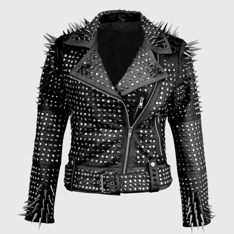 Women's Handmade Long Spiked Leather Jacket Brando Punk Silver Fully ...