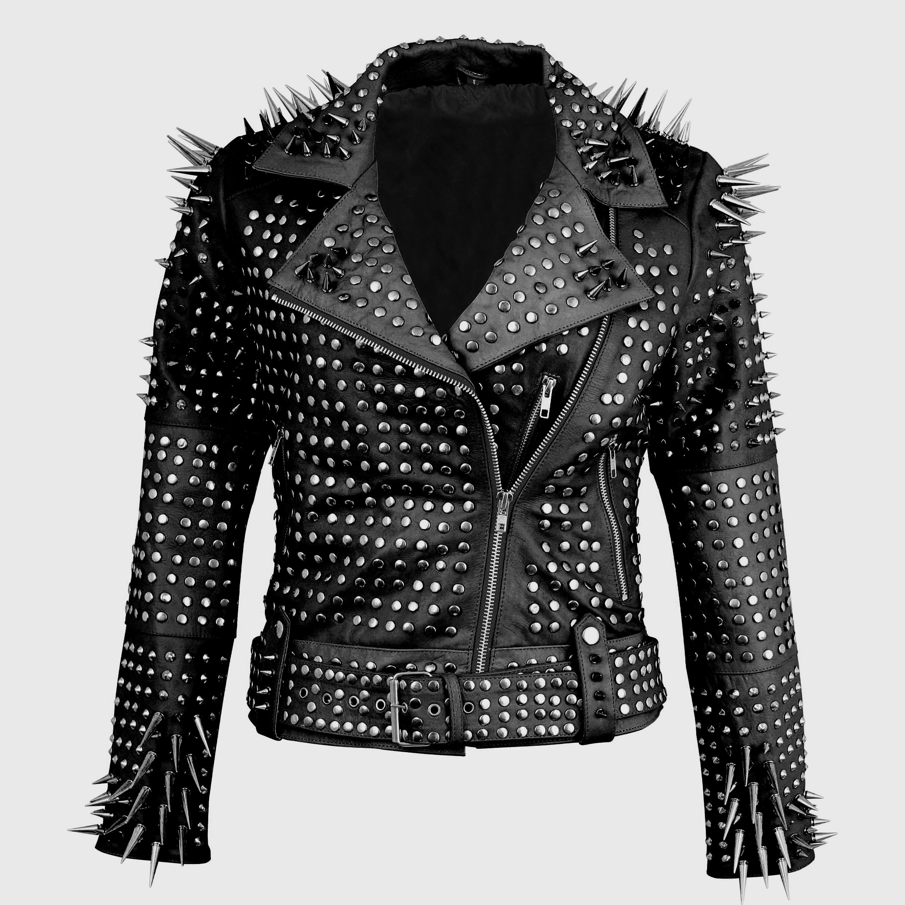 Women's Handmade Long Spiked Leather Jacket Brando Punk Silver Fully ...