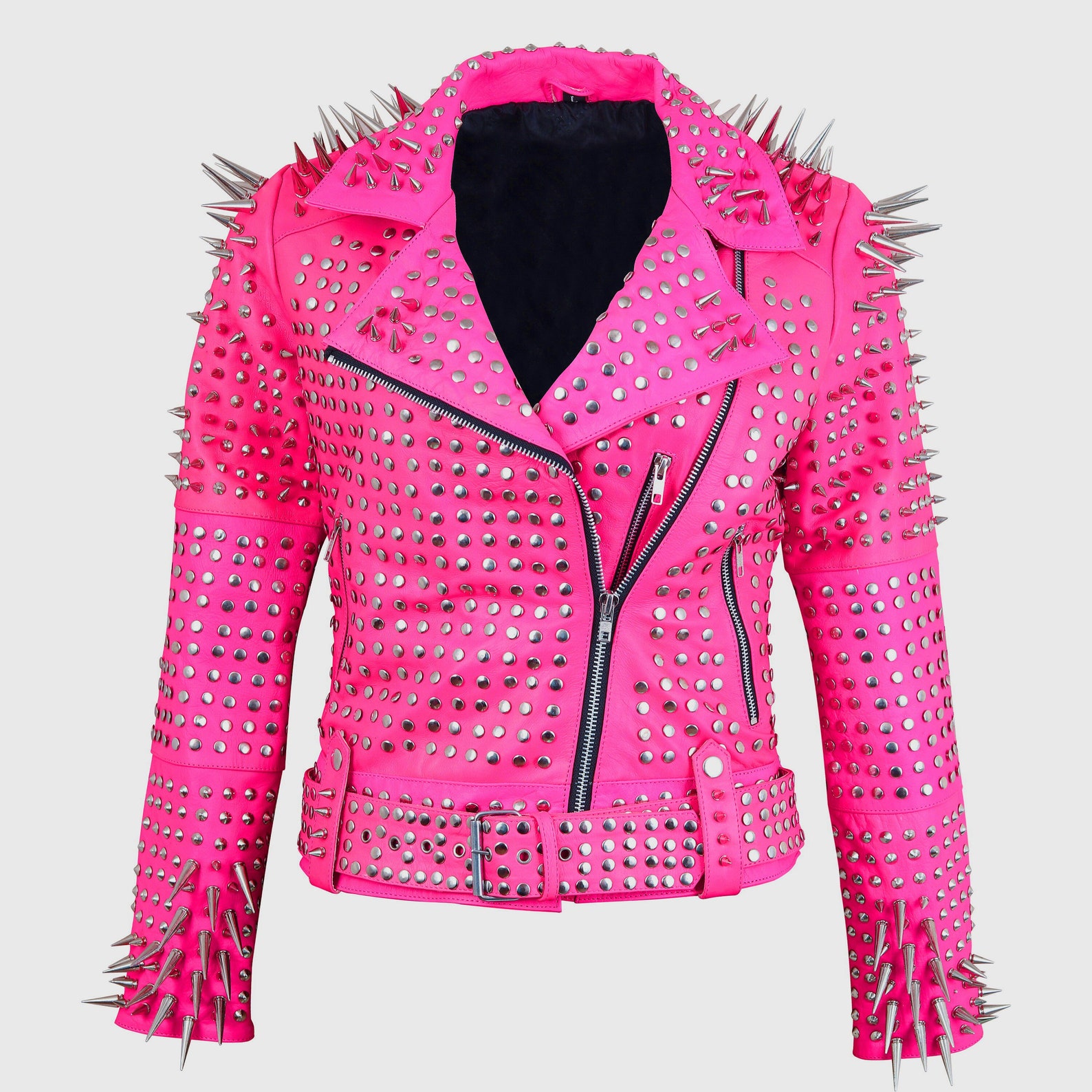 Women's Handmade Long Spiked Leather Jacket Brando Punk Silver Fully ...