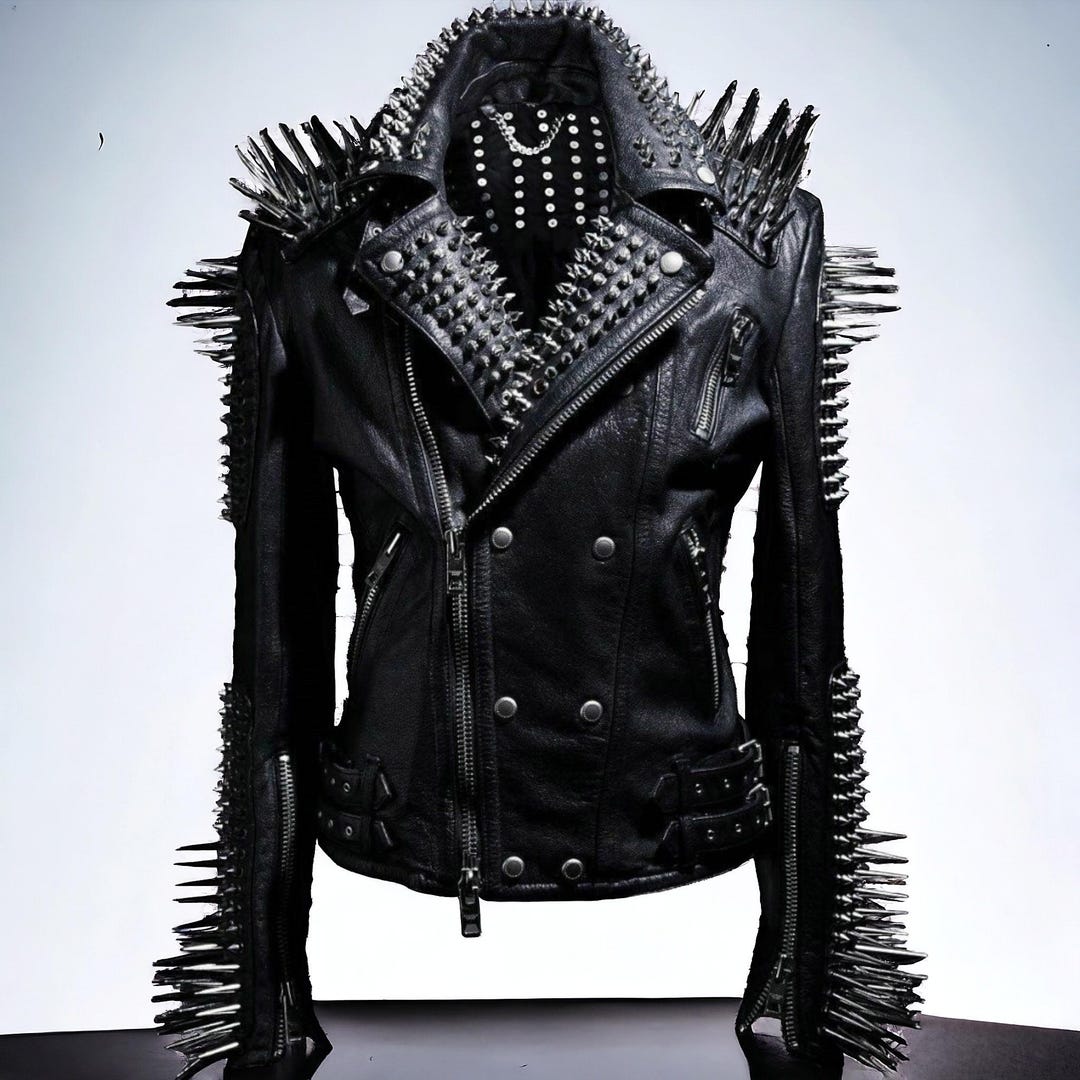 Spiked Leather Jacket New Men's Black Full Long Spiked Motorcycle Punk ...