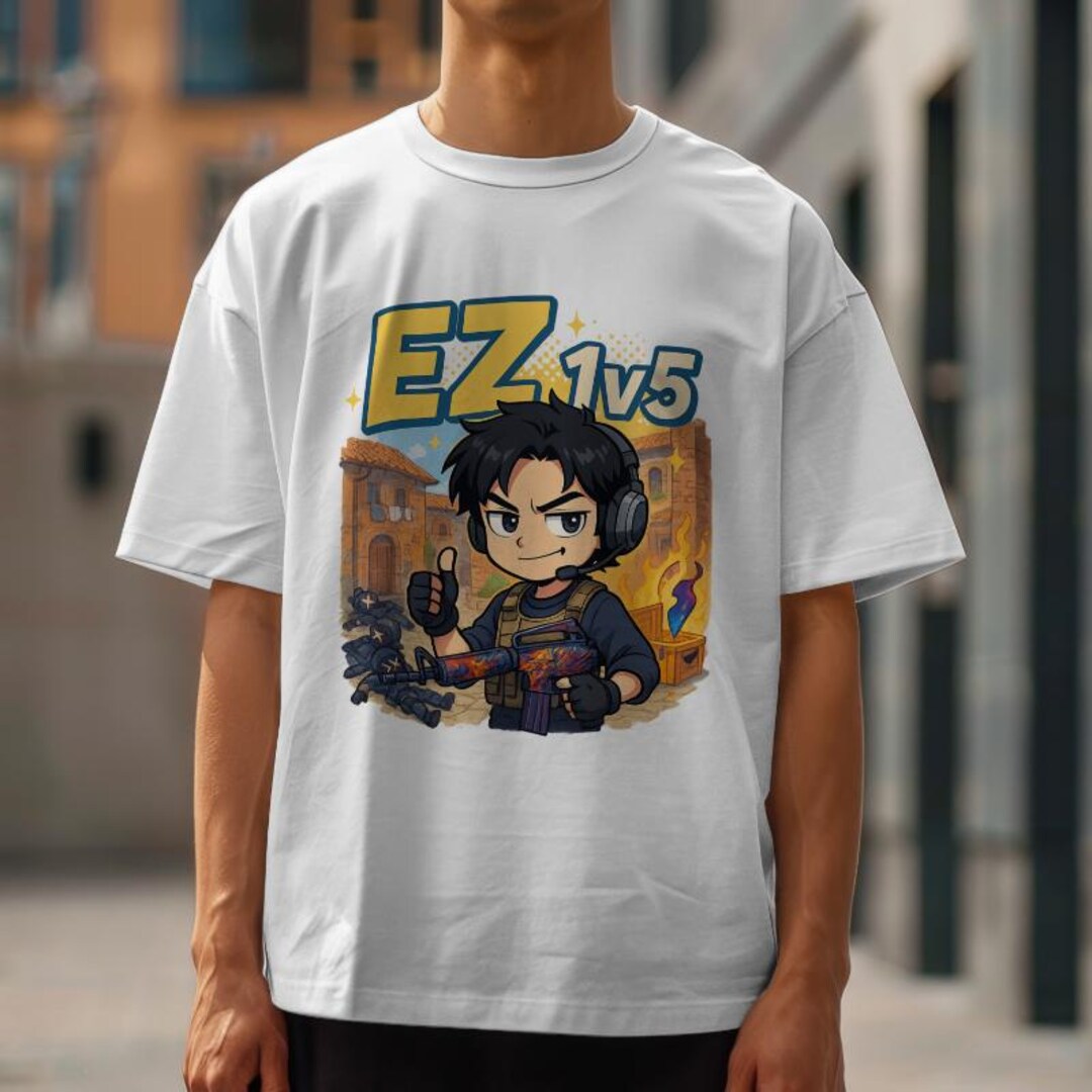 1v5 CS Style Gamer T-shirt - Chibi Anime Design | Epic Solo Victory ...
