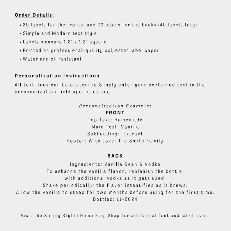 Modern Minimal Style Vanilla Bottle Labels • 1.8" X 1.8" • Set of 20 ...