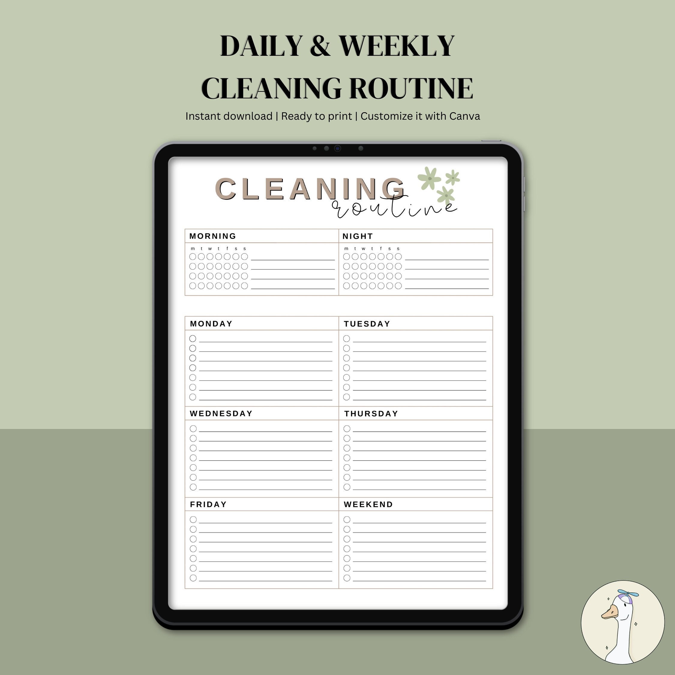 Printable Cleaning Routine Checklist, Editable Canva File (digital ...
