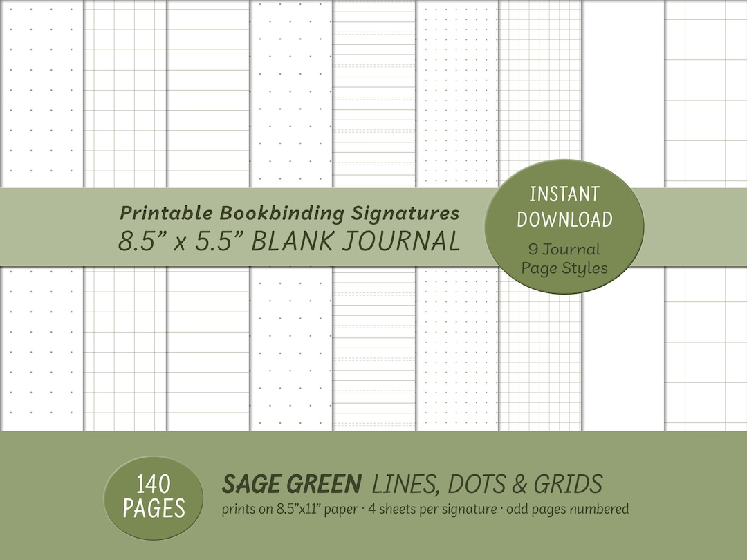 Printable 8.5x5.5 Journal Book Binding Signatures 140 Pages With Sage ...