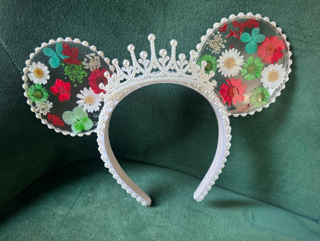 Floral Christmas Mouse Ears Crown Headband, Womens Princess Ears Pearl ...