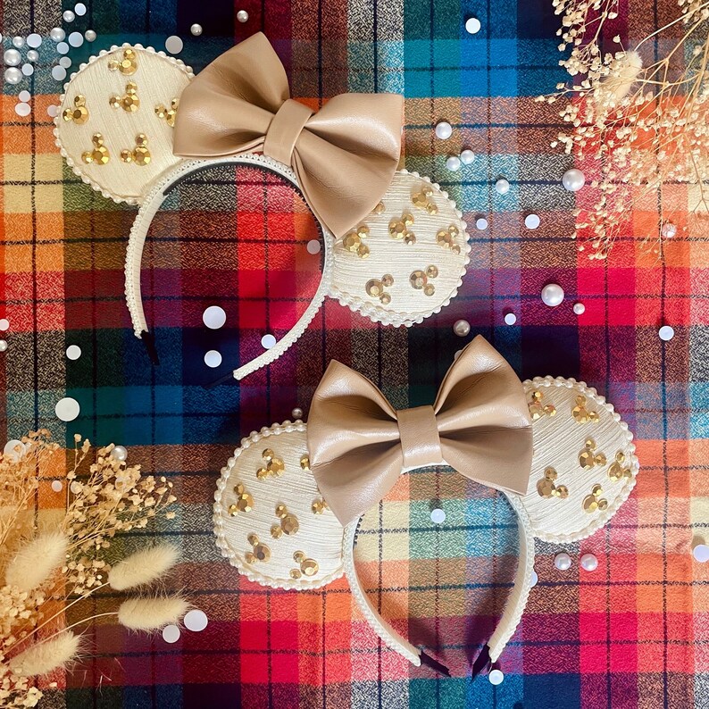 The Neutral Pearl Leather & Pearl Mouse Ears Headband in Beige - Etsy