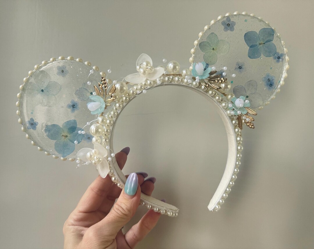 Ice Blue Flower Resin Mouse Ears Crown Headband, Women’s Princess Ears ...