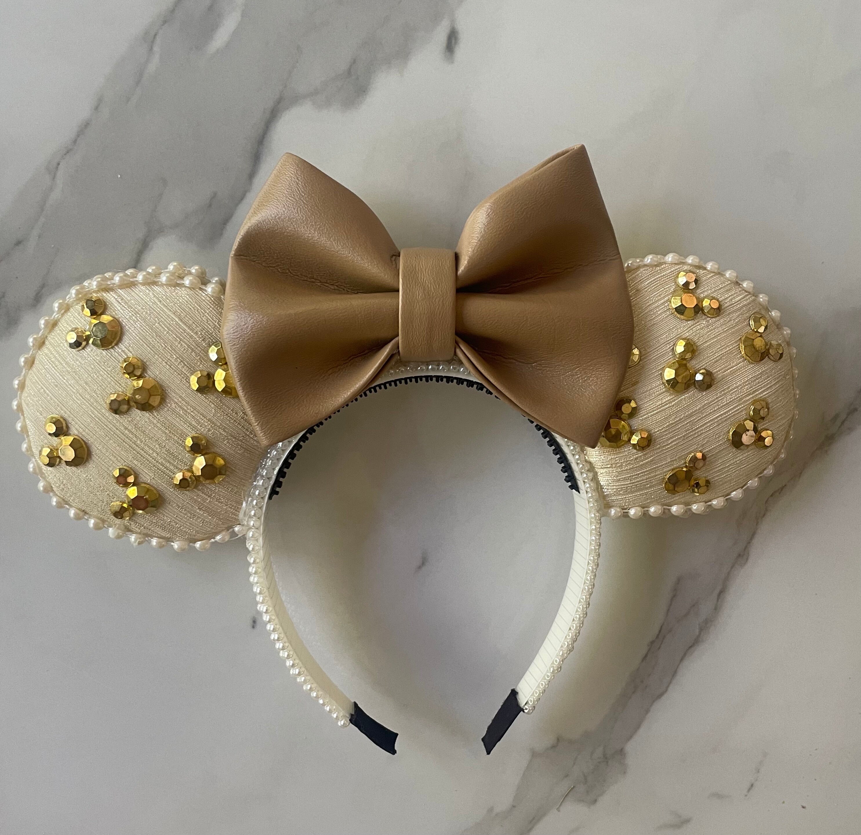 The Neutral Pearl Leather & Pearl Mouse Ears Headband in Beige - Etsy