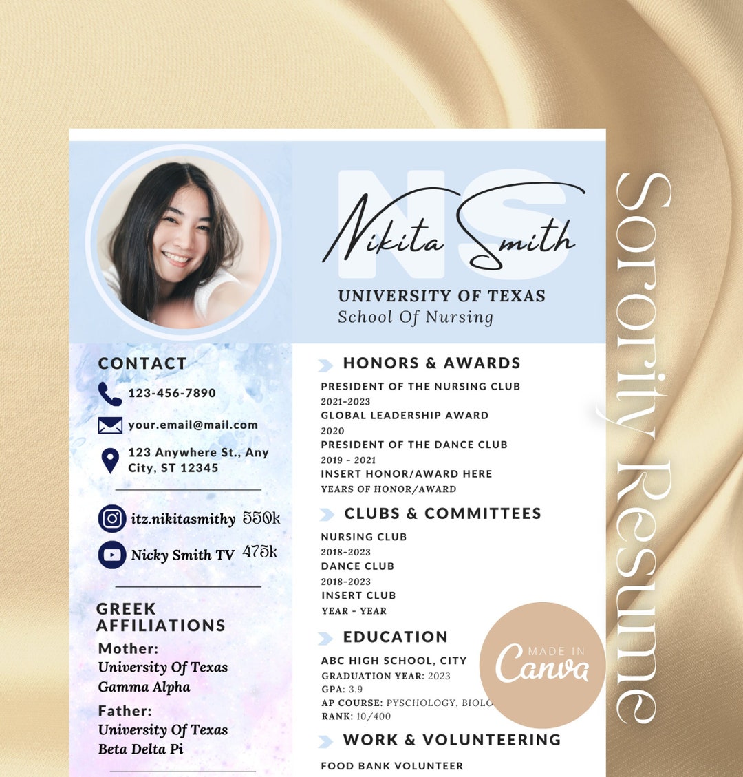 Sorority Resume Template, College Sorority Rush Resume, Sorority ...