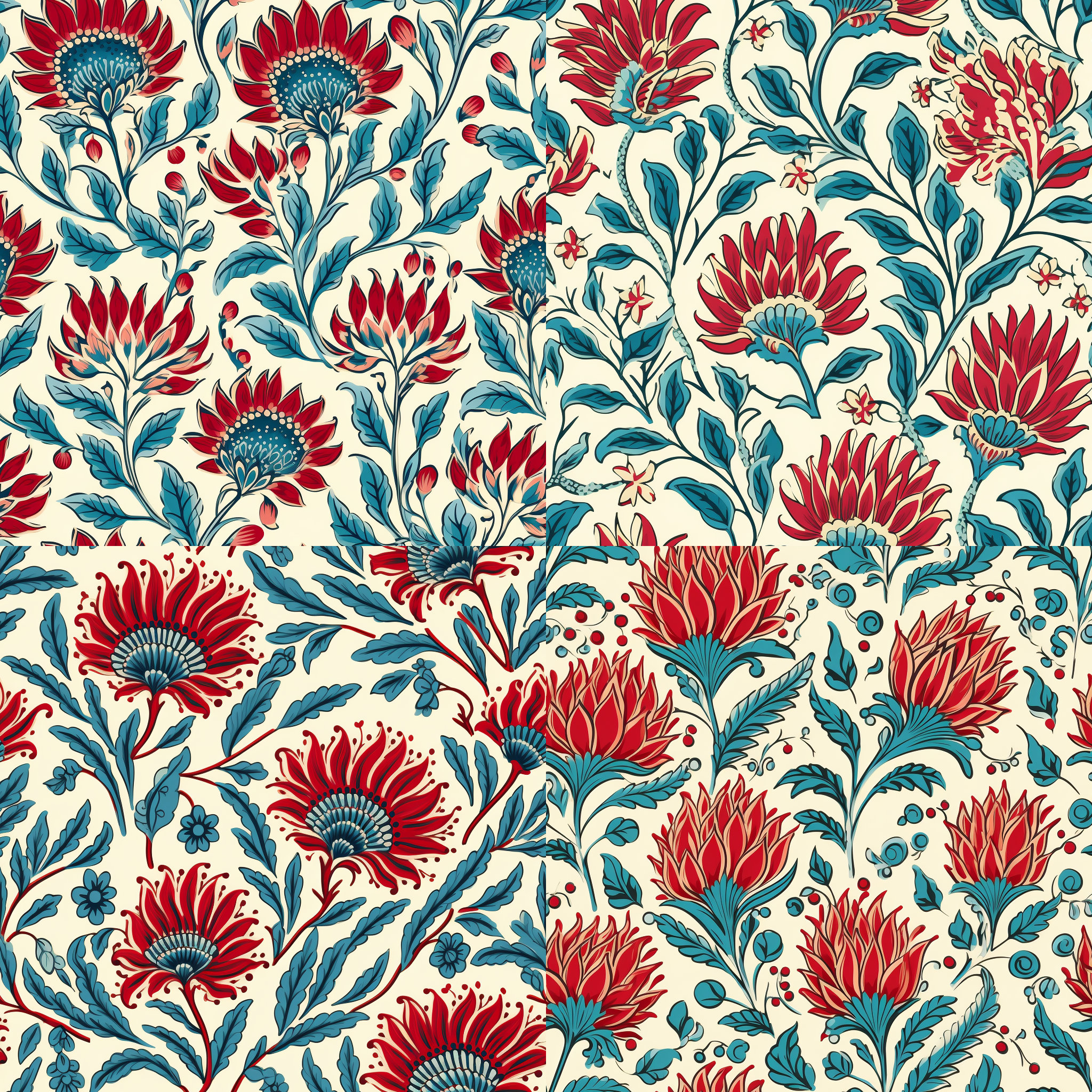 Blue and Red Floral Digital Paper, Instant Download Scrapbook Paper ...