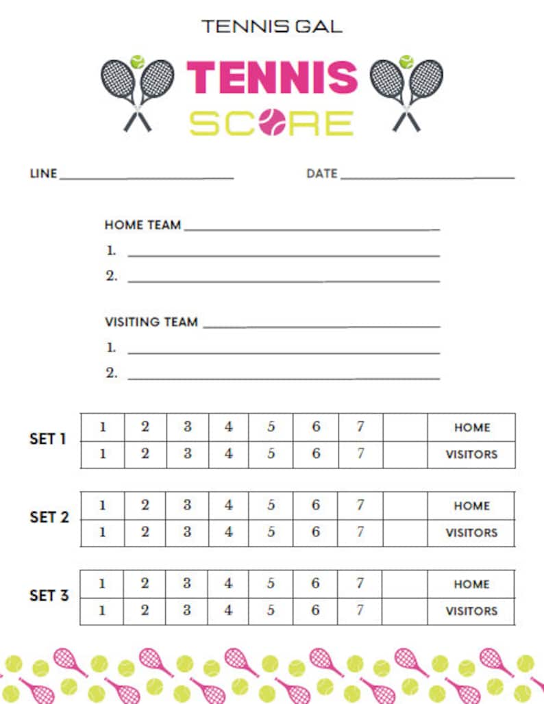 TENNIS SCORECARD PAD, Tennis Match Score Card Sheets, Cute Tennis ...