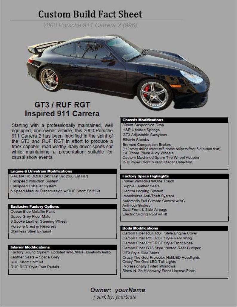 Custom Car Build Sheet Template, Two Styles (MS Word & PDF) - Etsy