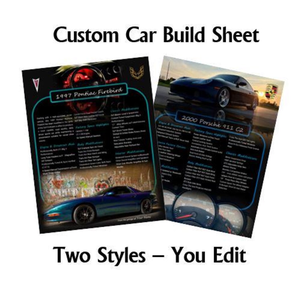 Show Car Build Sheet Template Bundle, MS Word & PDF Format, Two Styles ...