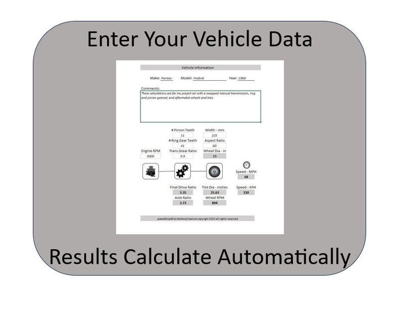 Vehicle Speed and Gearing Calculator, Excel Spreadsheet (digital ...