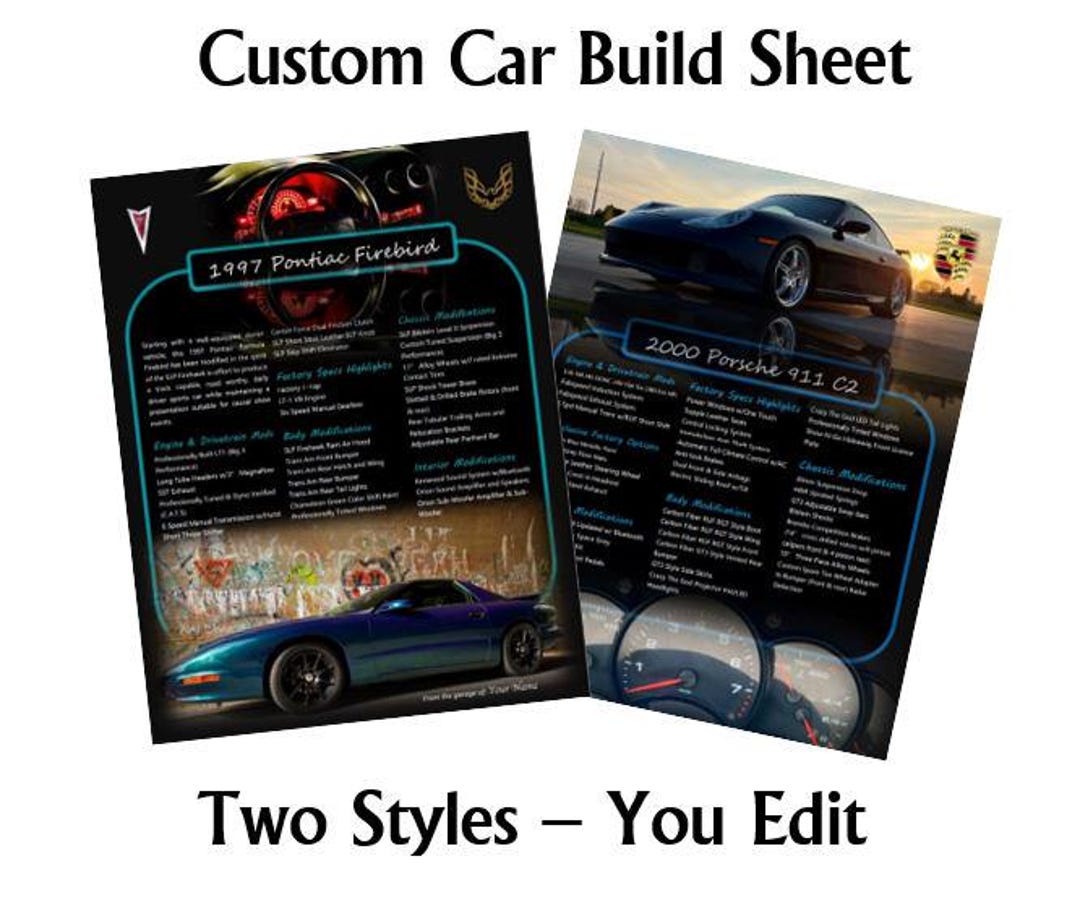 Show Car Build Sheet Template Bundle, MS Word & PDF Format, Two Styles ...