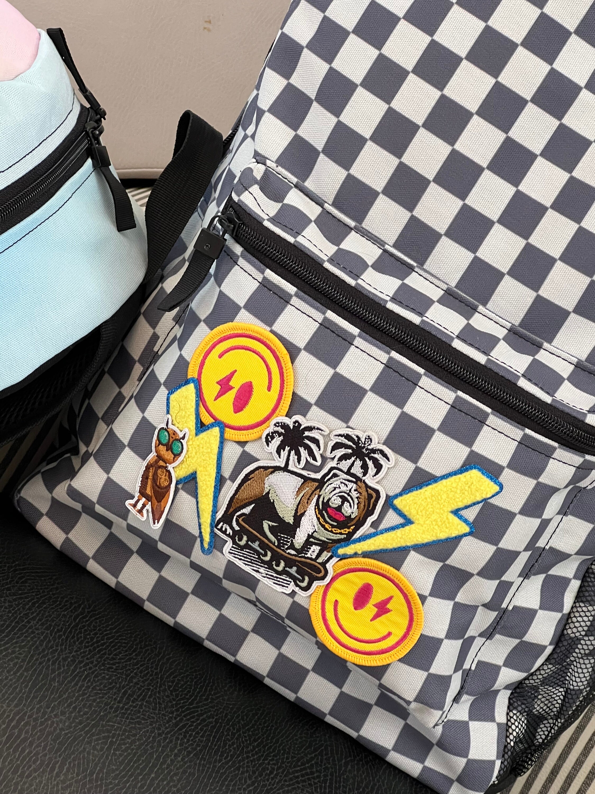 Checkered Print Backpack in Light Blue & Cream, Adjustable Straps ...