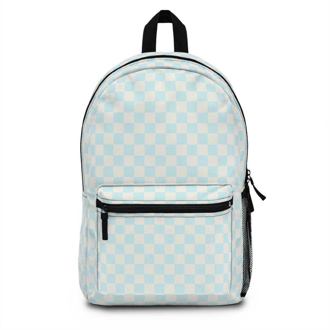 Checkered Print Backpack in Light Blue & Cream, Adjustable Straps ...