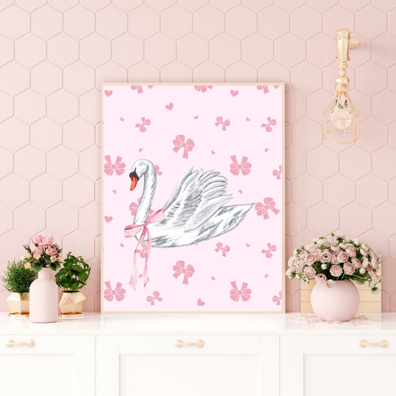 Swan With Pink Bows Print, Bedroom Wall Decor (digital Download) - Etsy