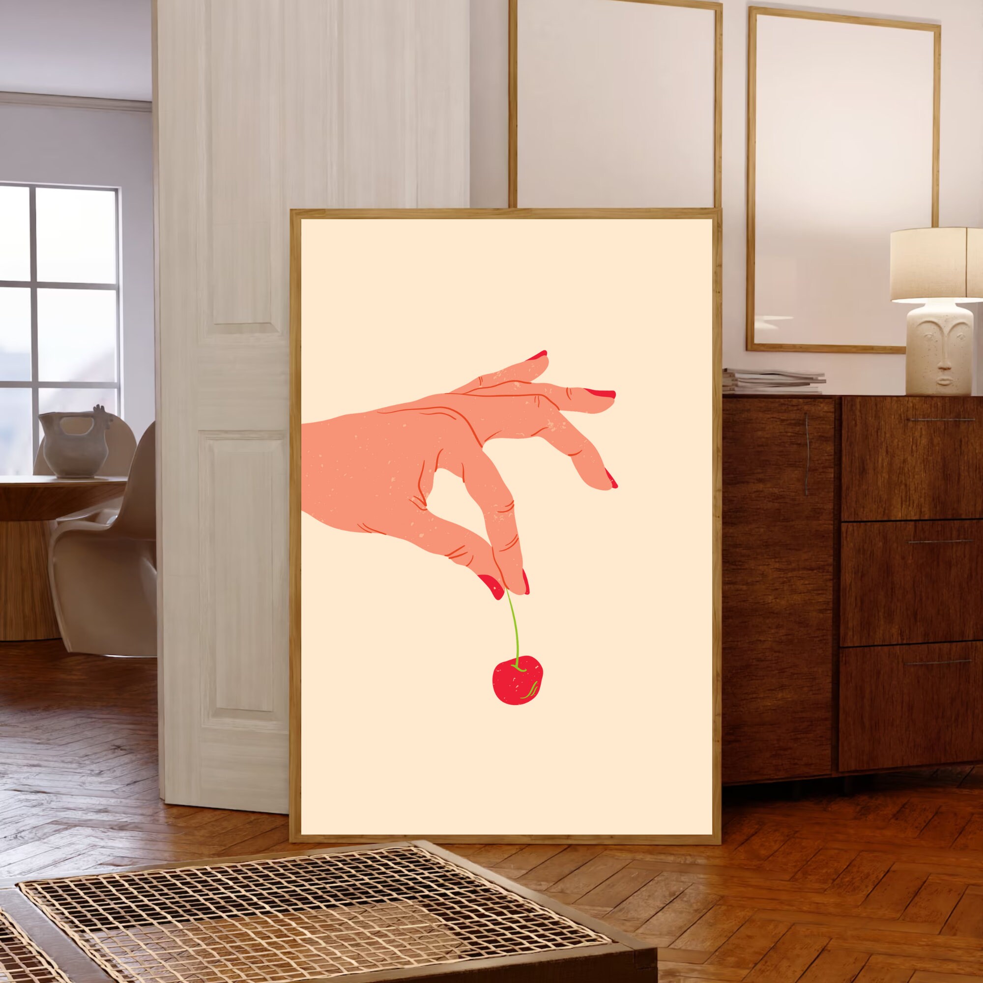 Hand Holding Cherry Retro Digital Print Poster Download for Bedroom ...