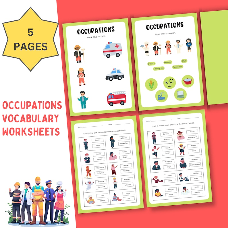 Printable Kids Occupations Activity, Children's Job Vocabulary Learning ...