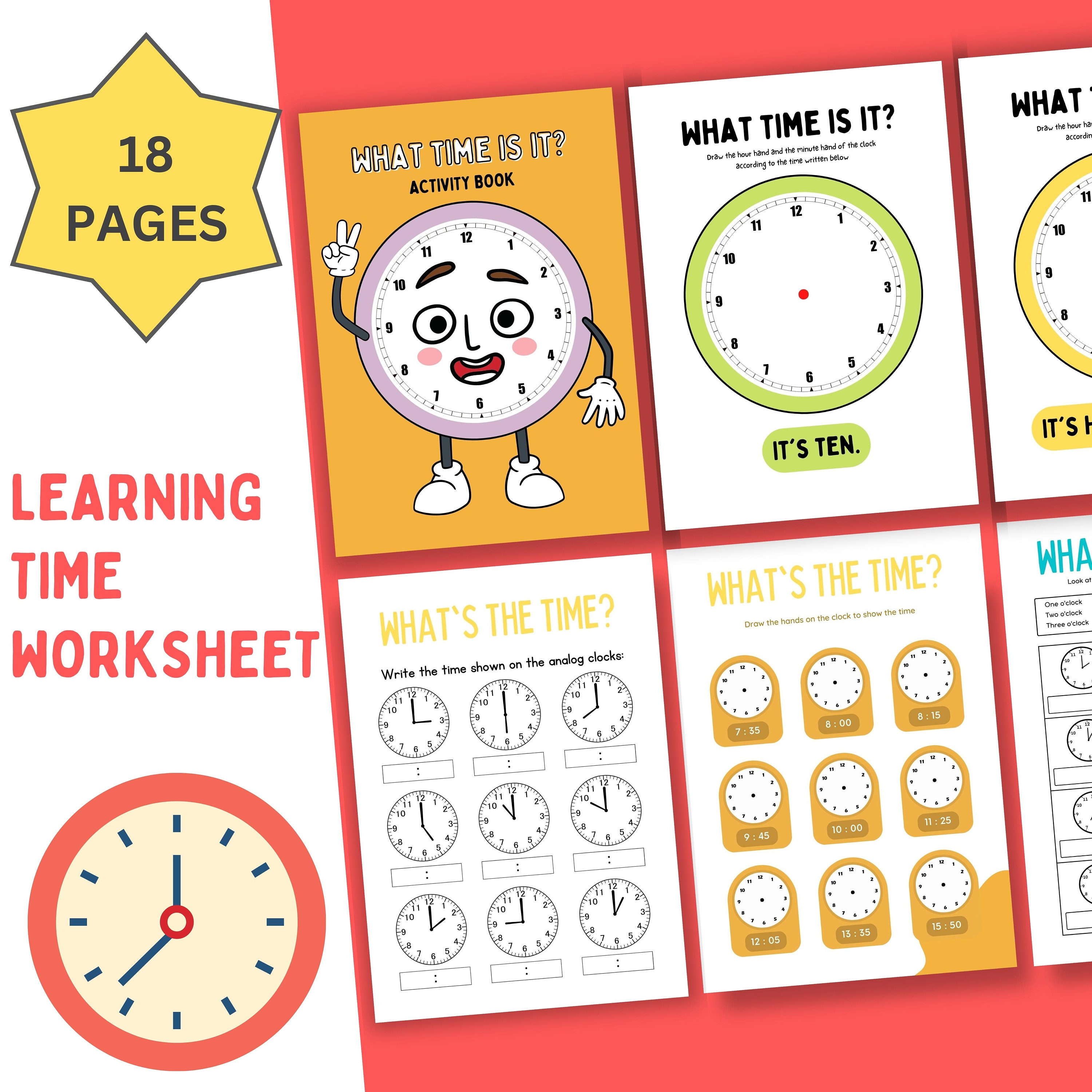 Printable Kids Clock Learning Worksheets, Children Time Practice Sheet ...