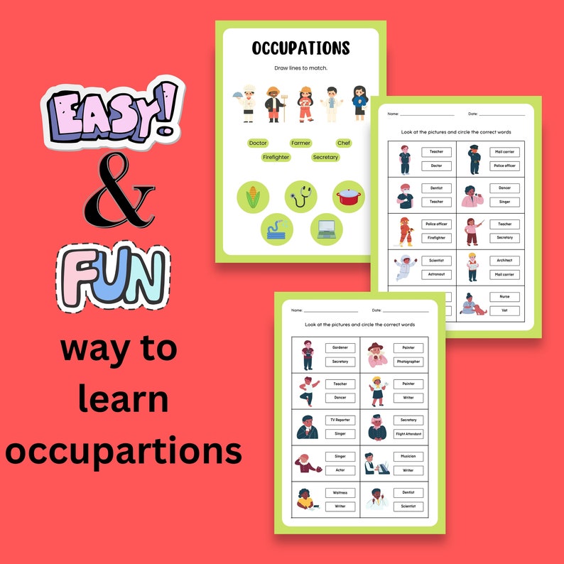 Printable Kids Occupations Activity, Children's Job Vocabulary Learning ...